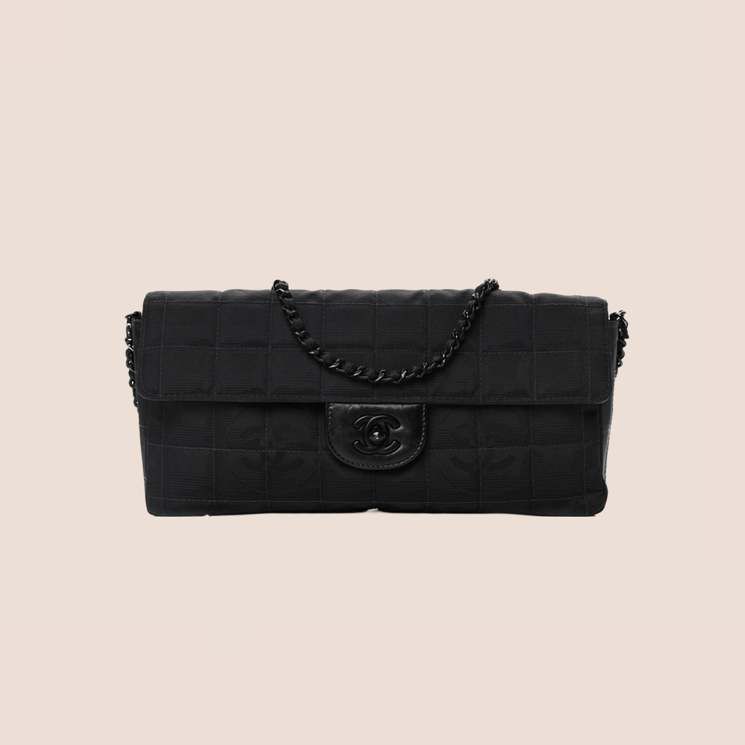 CHANEL EAST WEST BLACK CANVAS CHOCOLATE BAR CHAIN FLAP BAG – RDB
